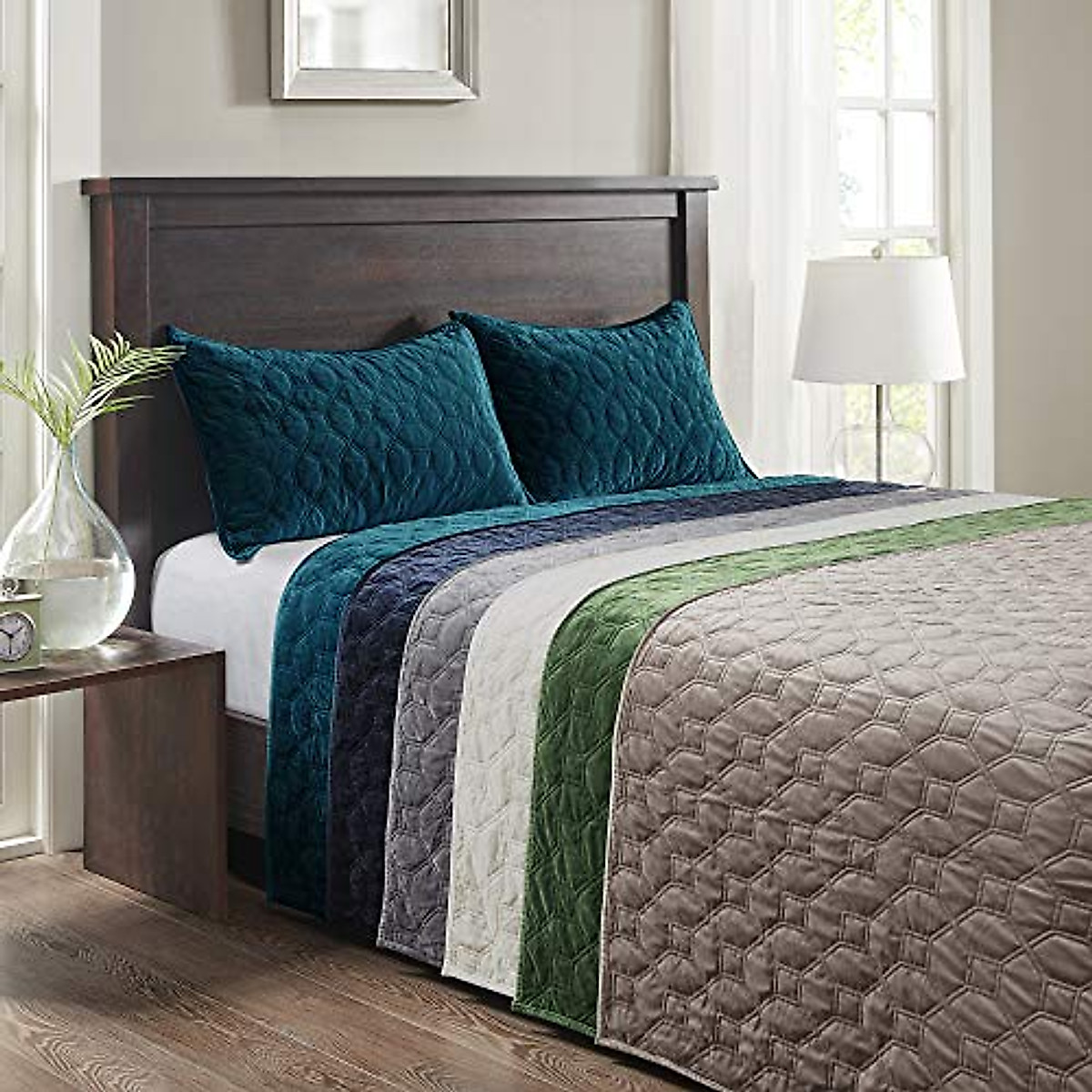 Madison Park Harper Quilt Set-Faux Velvet Casual Geometric Stitching Design All Season, Lightweight Coverlet, Cozy Bedding, Matching Shams, King/Cal King(104"x94"), Teal 3 Piece
