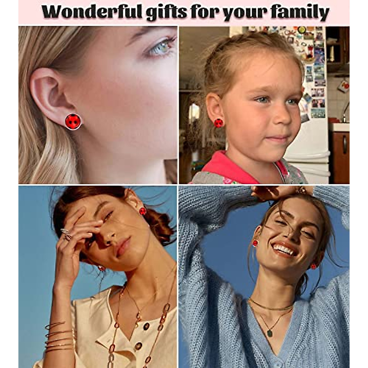 Red Ladybird Girl’s Earring Studs Black Spots Silver Bug Earrings for Halloween Christmas Birthday Cosplay Gifts