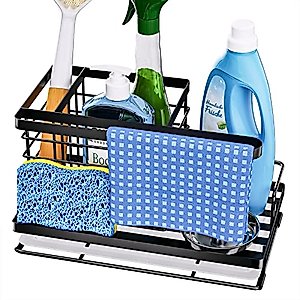 SWTYMIKI Kitchen Sink Caddy Organizer with Dishcloth Holder, Rustproof Stainless Steel Sponge Holder for Kitchen Sink with Removable Drain Tray, Sink Organizer for Sponge Dishcloth Brush in Black