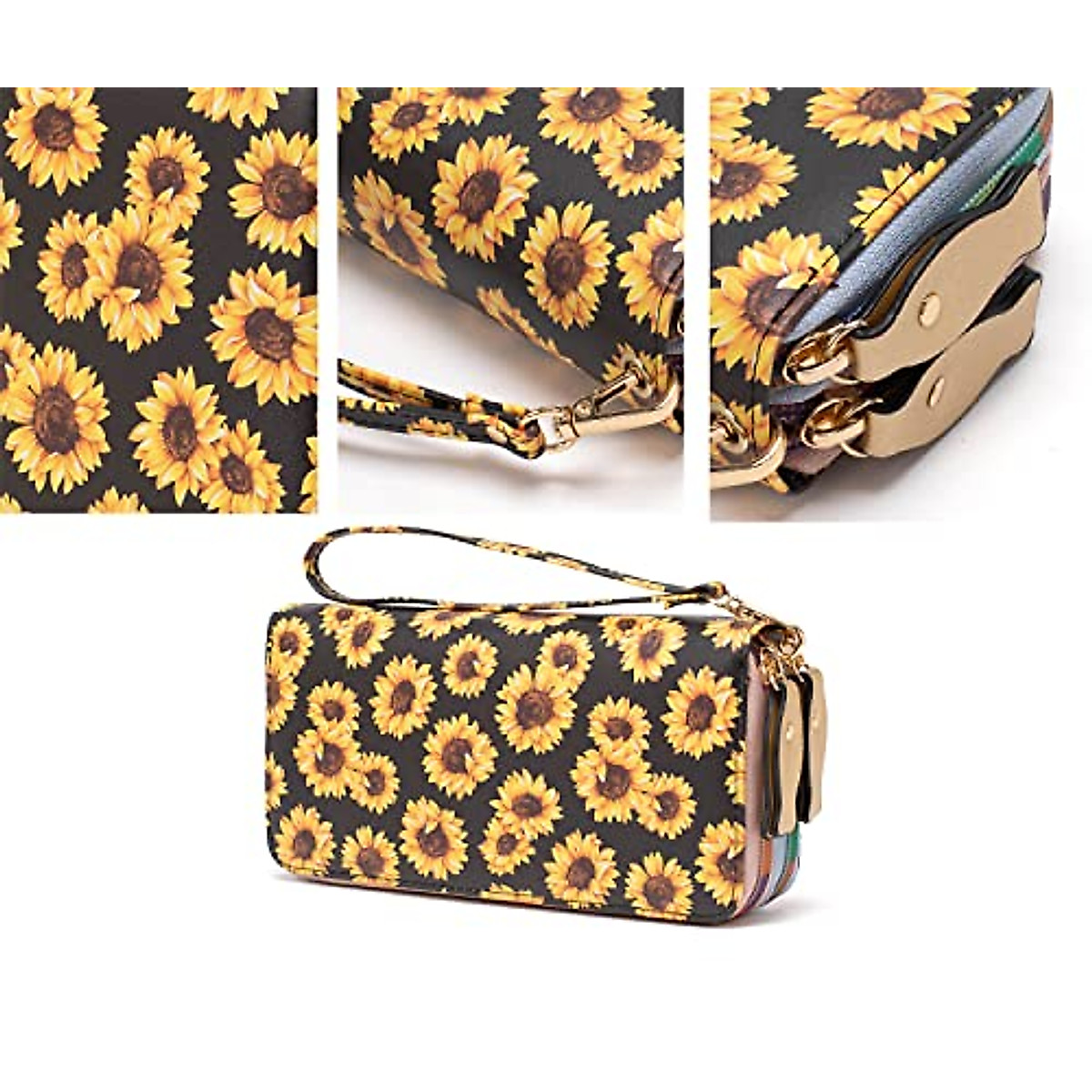 Ecohaso Sunflower Wallets for Women, Girls Wallets Cute Sunflower Pattern, Double Zipper Long Leather Wristlet Clutch Purses with Multiple Card Slots and Removable Wrist Strap for Girls (Sunflower)