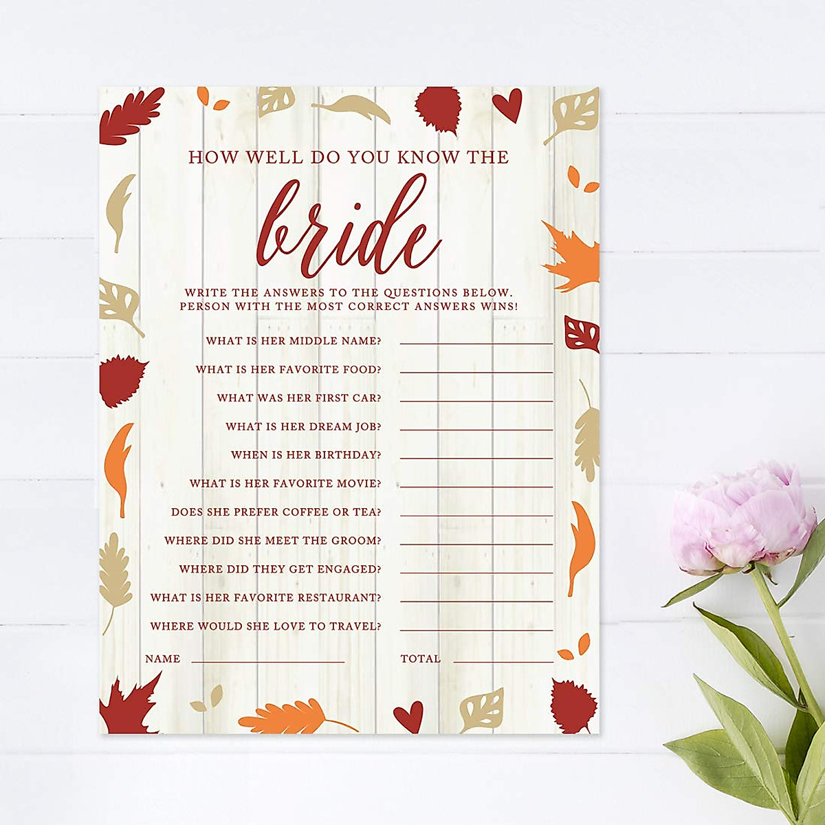 Andaz Press Fallin' in Love Autumn Fall Leaves Wedding Party Collection, How Well Do You Know the Bride? Bridal Shower Game Cards, 20-Pack