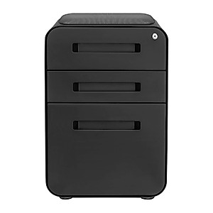 Laura Davidson Furniture STOCKPILE Curve Seated 3-Drawer Mobile File Cabinet with Removable Magnetic Cushion Seat - Metal Filing Cabinet, Pre-Assembled, White with Light Grey Cushion