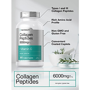 Horbäach Collagen Peptides 6000mg | 300 Caplet Pills | with Vitamin C | Hydrolyzed Collagen Supplement | Non-GMO, Gluten Free