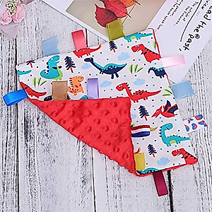 G-Tree Baby Comfort Blanket with Tag, Multi-Coloured Dinosaurs Tag, FOMUNI Taggy Blanket - Red Textured Underside