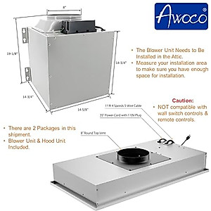 Awoco 14-1/2"D Super Quiet Split Insert Stainless Steel Range Hood, 4-Speed, 1000 CFM, LED Lights, Baffle Filters with 8" Blower (30"W M 8" Vent)