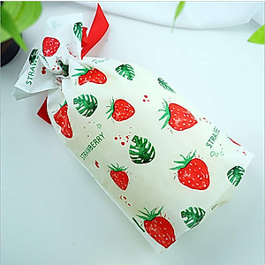DIABO 50 Pcs Plastic Drawstring Gift Bags Strawberry Print Treat Bags For Birthday Party Snack Wrapping Wedding Gift Party Favor(5.5x9.3 Inch)