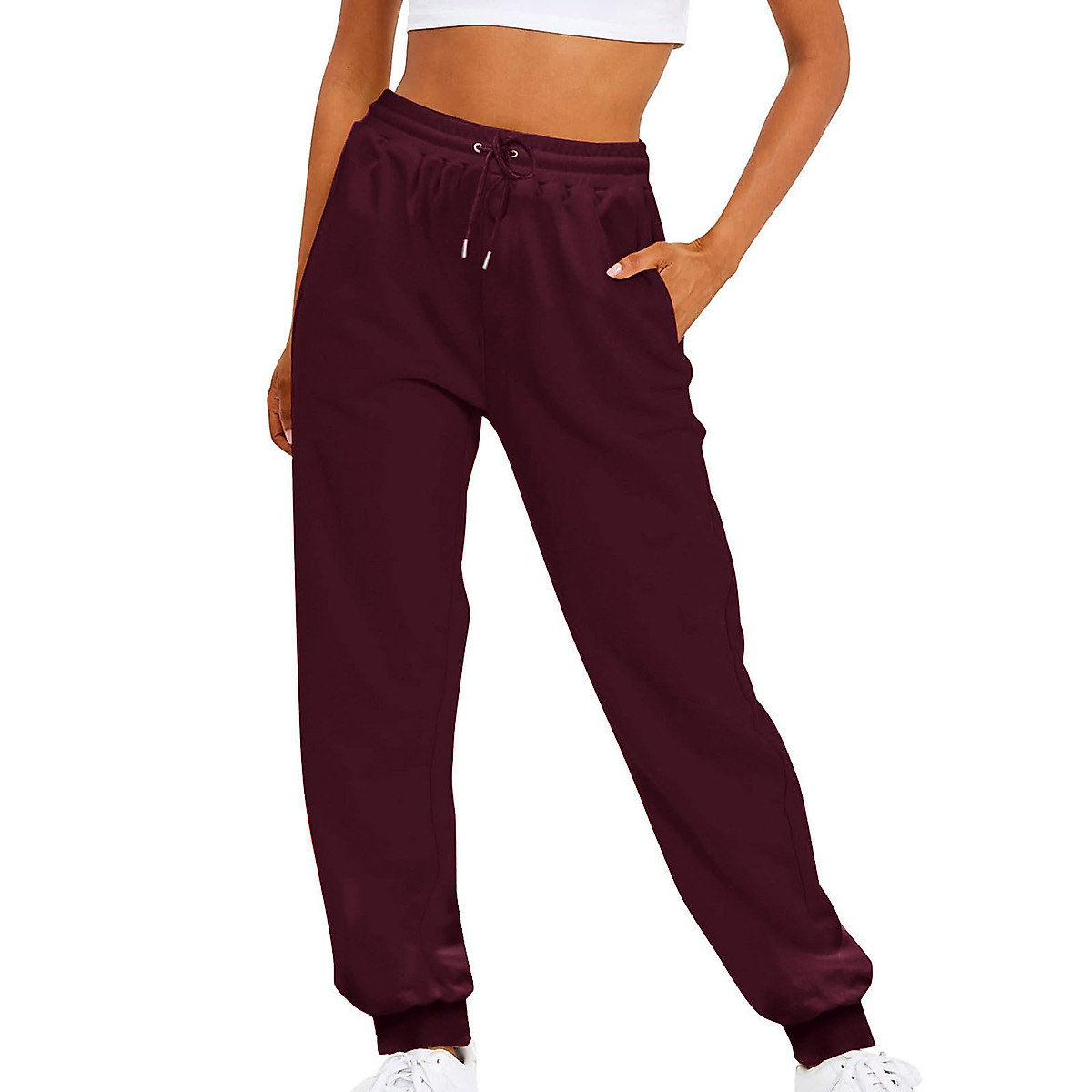 Lastesso Clearance Items Women's Fall Workout Sweatpants High Waisted Straight Leg Cinch Bottom Trousers Casual Athletic Fit Pant with Pocket Womens Bottoms Wine M