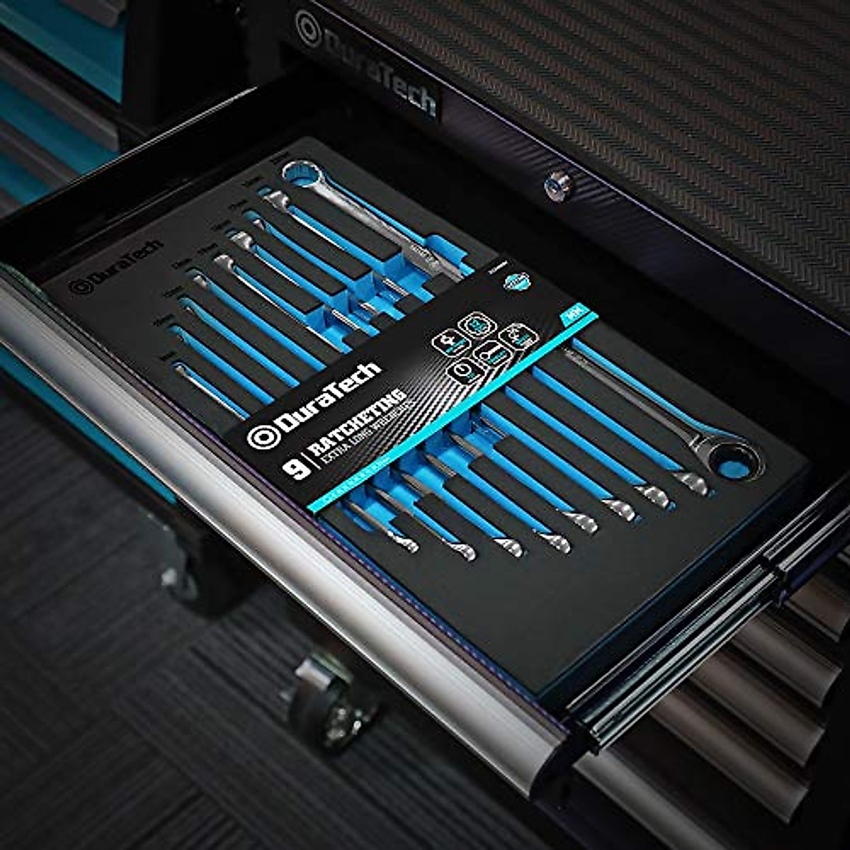 DURATECH Extra Long Ratcheting Wrench Set, Combination Wrench Set, Metric, 9-Piece, 8,10,12,13,14,16,17,19,22mm, CR-V Steel, with EVA Foam Tool Organizer