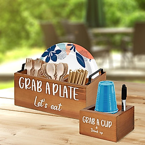 MEMOORIAL Paper Plate Dispenser, Kitchen Countertop Paper Plate Holder, Wood Rustic Silverware Utensil Caddy, Disposable Dish and Cup Holder Utensil Caddy for Kitchen, Party, BBQ