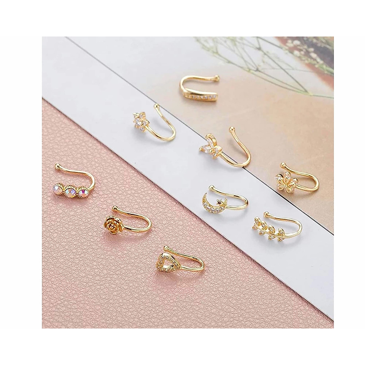 Barnabys Nose Cuffs Non Piercing. Pack of 9 Nose Cuffs - Silver With Rhinestones. 9 Stylish Designs to choose from - Nose Cuff Jewellery for Non Pierced Nose - Clip on Design - Silver