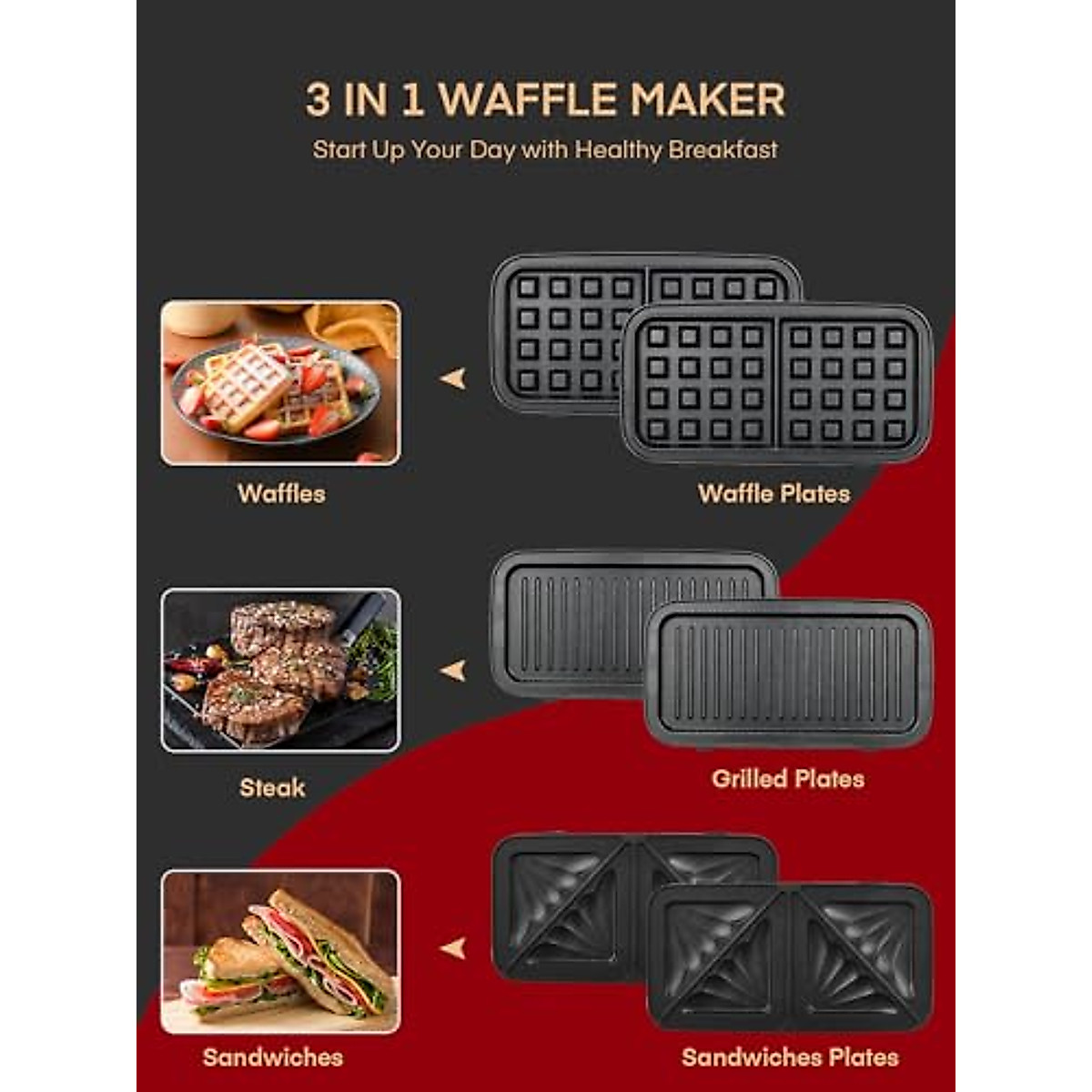 3-in-1 Sandwich Maker, 1200W Grill, Waffle and Sandwich Maker, 5 Speed Temperature Control, 3 Non-Stick and Removable Plates, Cold Touch Handle, LED Light Indicators, BPA Free, Red
