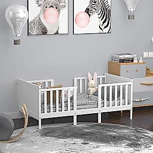 Costzon 2 in 1 Convertible Toddler Bed Frame, Converts to Two Chairs, Classic Wood Kids Bed w/Double Side Safety Guardrails, Footboard for Extra Safety, Fits Full Size Crib Mattress (White)