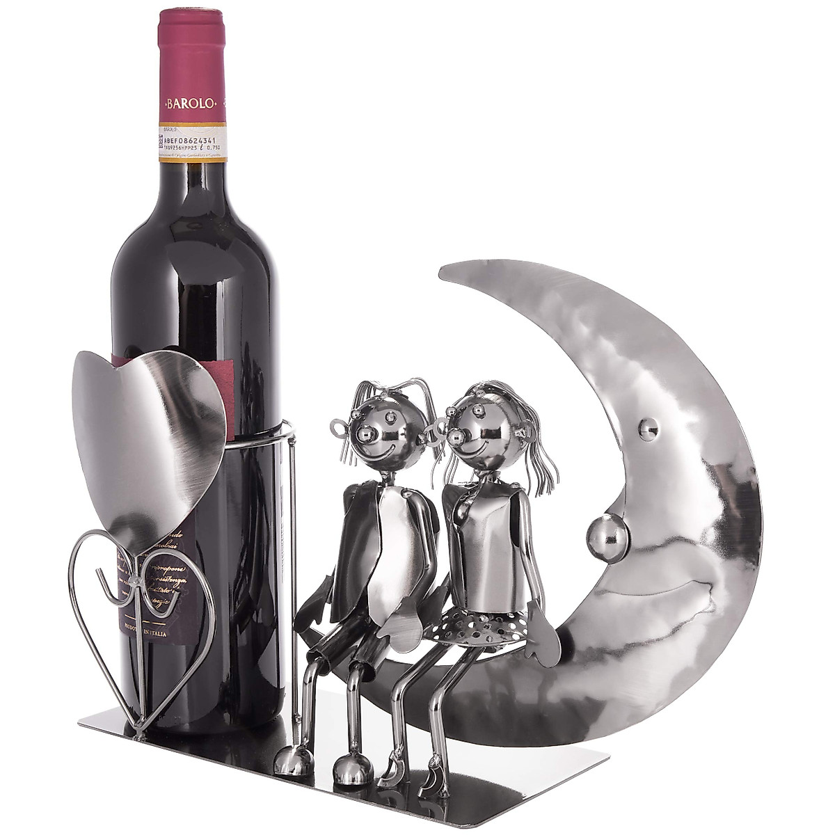 BRUBAKER Bottle Holder Wine - Couple on The Moon - Lovers Sculpture Metal - Bottle Stand with Greeting Card