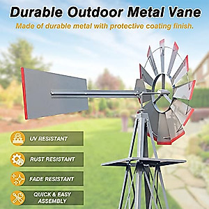 Betterland 8FT Metal Windmill Ornamental Spinner Backyard Garden Decoration Weather Vane for Yard Weather Resistant (Grey)
