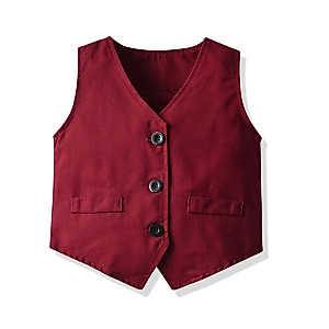 Boys Formal Outfit Suit, Toddler Boys 3Pcs Clothing Set Long Sleeve Bowtie Shirt+Vest+Pants Casual Suit Wine Red 0-4T (Wine Red, 18-24 Months)