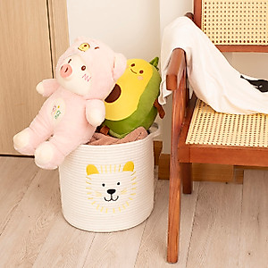 NADEnVIE Animal Laundry Basket For Nursery, Foldable Toy Storage Basket Tiger Design, Natural Handmade Basket With Handle For Home Decor, Nontoxic Cotton Rope Woven Safe for Children and Pet (White)
