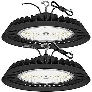 OSTEK 150W UFO LED High Bay Light 22500lm 5000K Daylight (750W MH/HPS Equiv) 0-10V Dimmable LED Shop Lights for Workshop, Commercial Warehouse, Garage - Hanging Hook, Safe Rope, UL Listed- 2 Pack