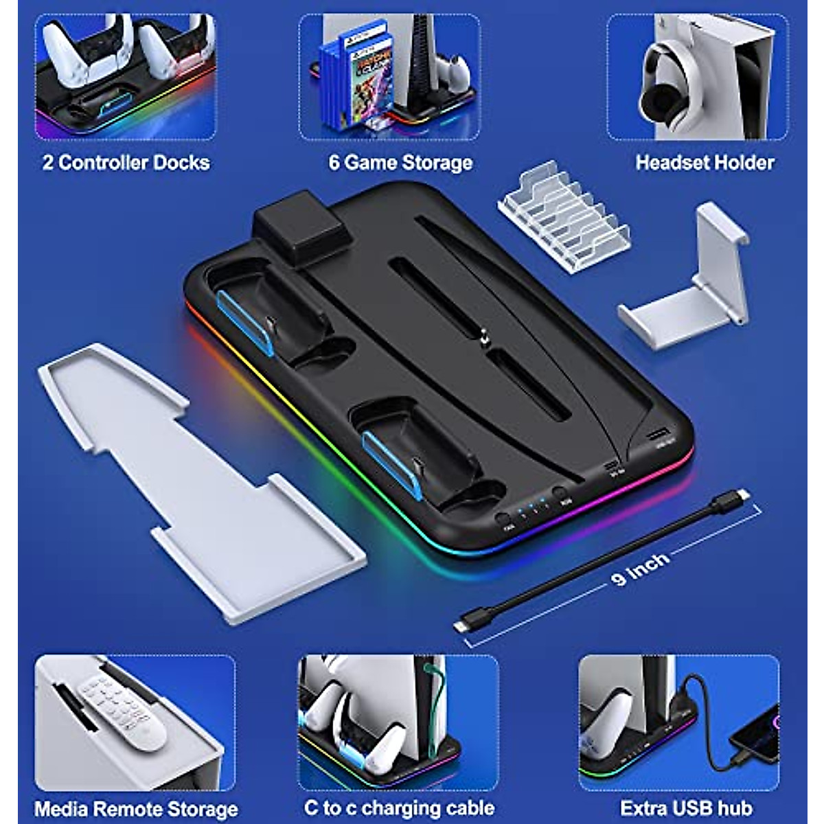 DINOSTRIKE PS5 Cooling Station with RGB Light, PS5 Stand with Cooling Fan for PS5 Disc&Digital Editions Dual Controllers Charger Station, PS5 Accessories for PS5 Console Headset Holder, 6 Game Slots