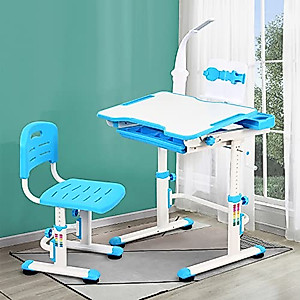 UNICOO Adjustable Kids Desk & Chair Set with LED Lamp, Premium Quality, Crank Height Adjustable Study Desk, Tilt Desktop, Spacious Storage Drawer, New Anti-tip Designed Bookstand & Safe Chair