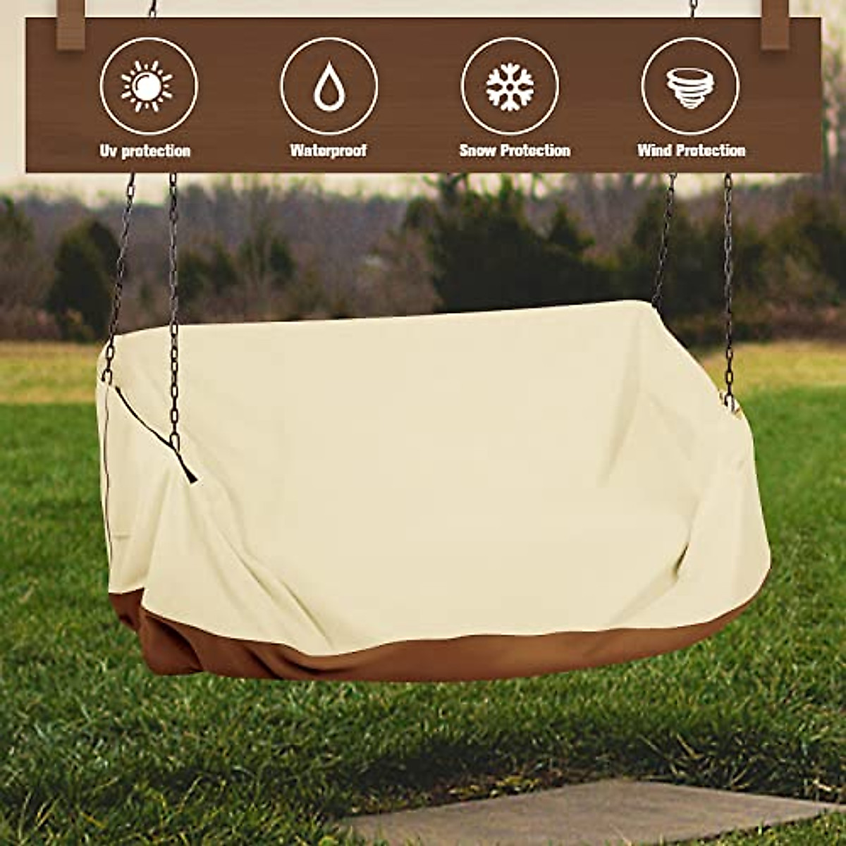 Outdoor Porch Swing Cover Waterproof Heavy Duty 420D Hanging Swing Chair Cover Replacement for Yard Swing Patio Furniture Cover 61x27.5x(35-27.5)Inch Beige