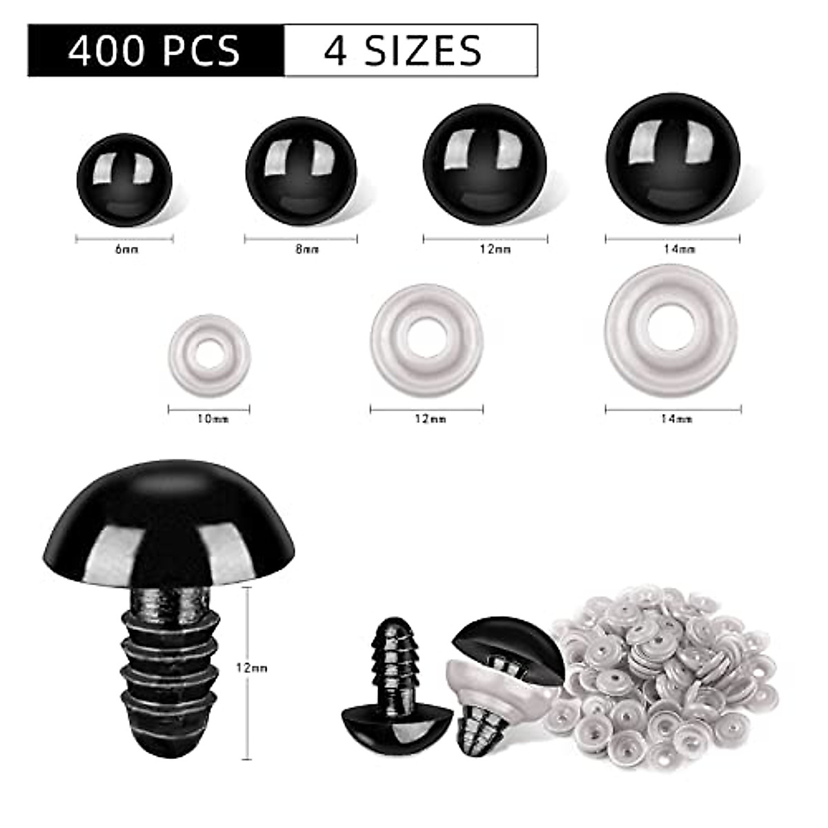 800 Pcs Safety Eyes Black Plastic Eyes with Washers for Stuffed Crochet Animal Crafts Doll Making Supplier Bulk (4 Sizes)
