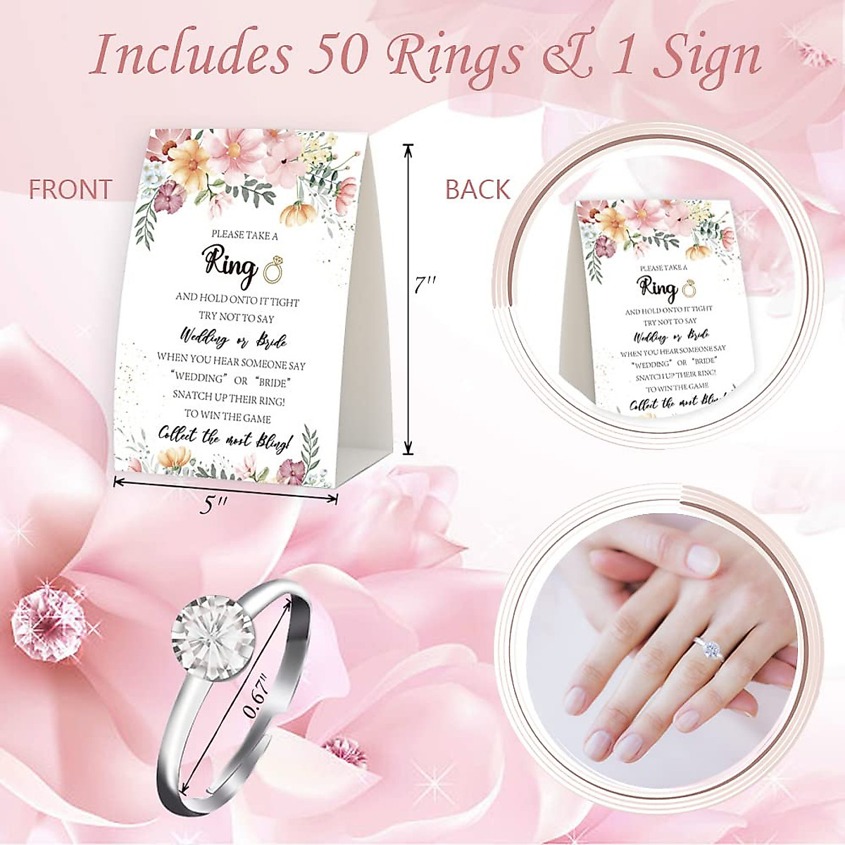 Put a Ring On It,Don't Say Bride or Wedding Game,Bridal Shower Games 50 Guests,Pink Floral Boho Bridal Shower Game,Engagement Party,Bachelorette Decorations for Party,Bridal Shower Favors-L11