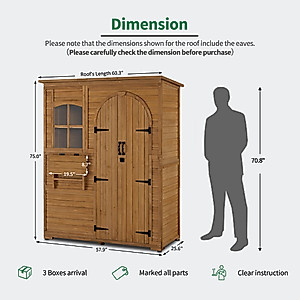 MCombo Outdoor Storage Cabinet, Outside Wooden Storage Cabinet with Waterproof Asphalt Roof and 3 Shelves, Tall Tool Shed with 1 Foldable Table for Yard, Garden, Patio, Lawn 1815