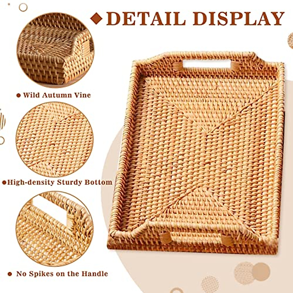 Rectangular Rattan Serving Tray with Handles, Handwoven Wicker Decorative Display Serving Platters for Coffee, Breakfast, Drinks, Snack Multi-Purpose Dining Table Desktop Organiser Tray(S)