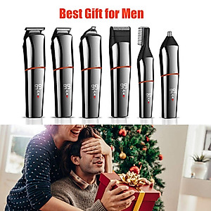 RESUXI Beard Trimmer for Men Hair Clippers Cordless Mustache Nose Trimmer Body Groomer, 6 in 1 Mens Grooming Kit Clippers Hair Cutting Kit, Waterproof USB Rechargeable LCD Display Stand Base