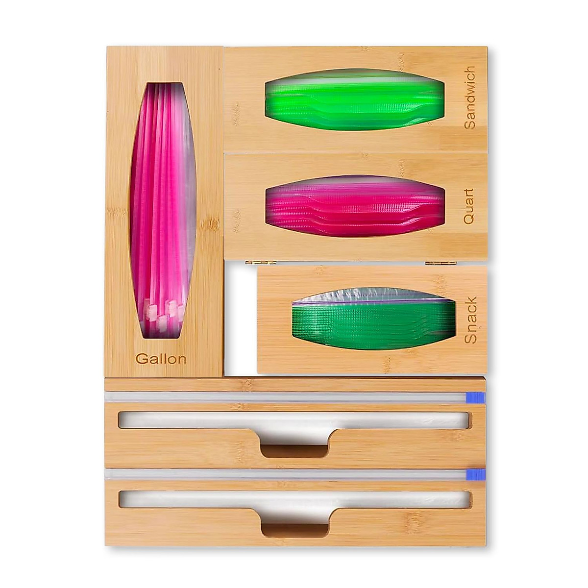 OTLS Storage Bag Organizer for Kitchen Drawer, 6 in 1 Foil and Plastic Wrap Organizer with Cutter, Bamboo Bag Organizer for Drawer with Separate Boxes for Gallon, Sandwich, Quart & Snack