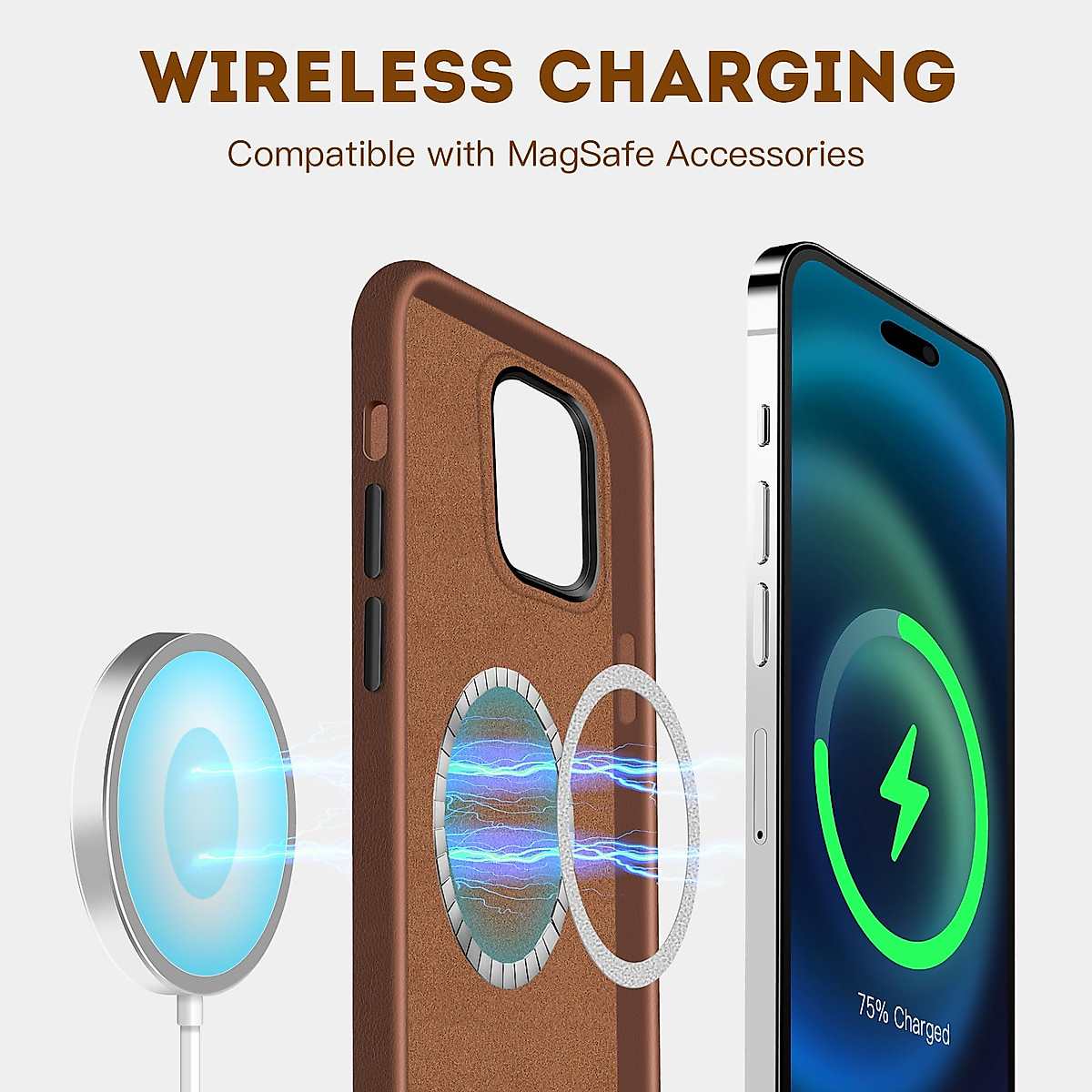 kingflag Vegan Leather Magnetic Case for iPhone 14 Pro Max Wireless Charging, MagSafe Compatible, Metal Buttons, Shockproof Protective Phone Case Cover for Women Men 6.7" (Rich Brown)