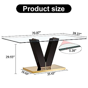 Modern Glass Dining Table for 8, Rectangle Glass Dining Room Table with Large Tempered Glass Tabletop & V Shaped Wood Frame, Golden Pedestal Base, 70.87" Glass Top Dining Table for Dining Room Kitchen