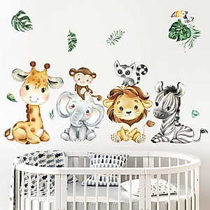 decalmile Safari Jungle Animals Wall Stickers Elephant Giraffe Lion Wall Decals Baby Nursery Kids Bedroom Living Room Wall Decor