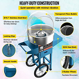 VBENLEM Cotton Candy Machine Commercial with Bubble Cover Shield and Cart Stainless Steel Candy Floss Maker Blue 1030W Electric Cotton Candy Maker for Various Parties