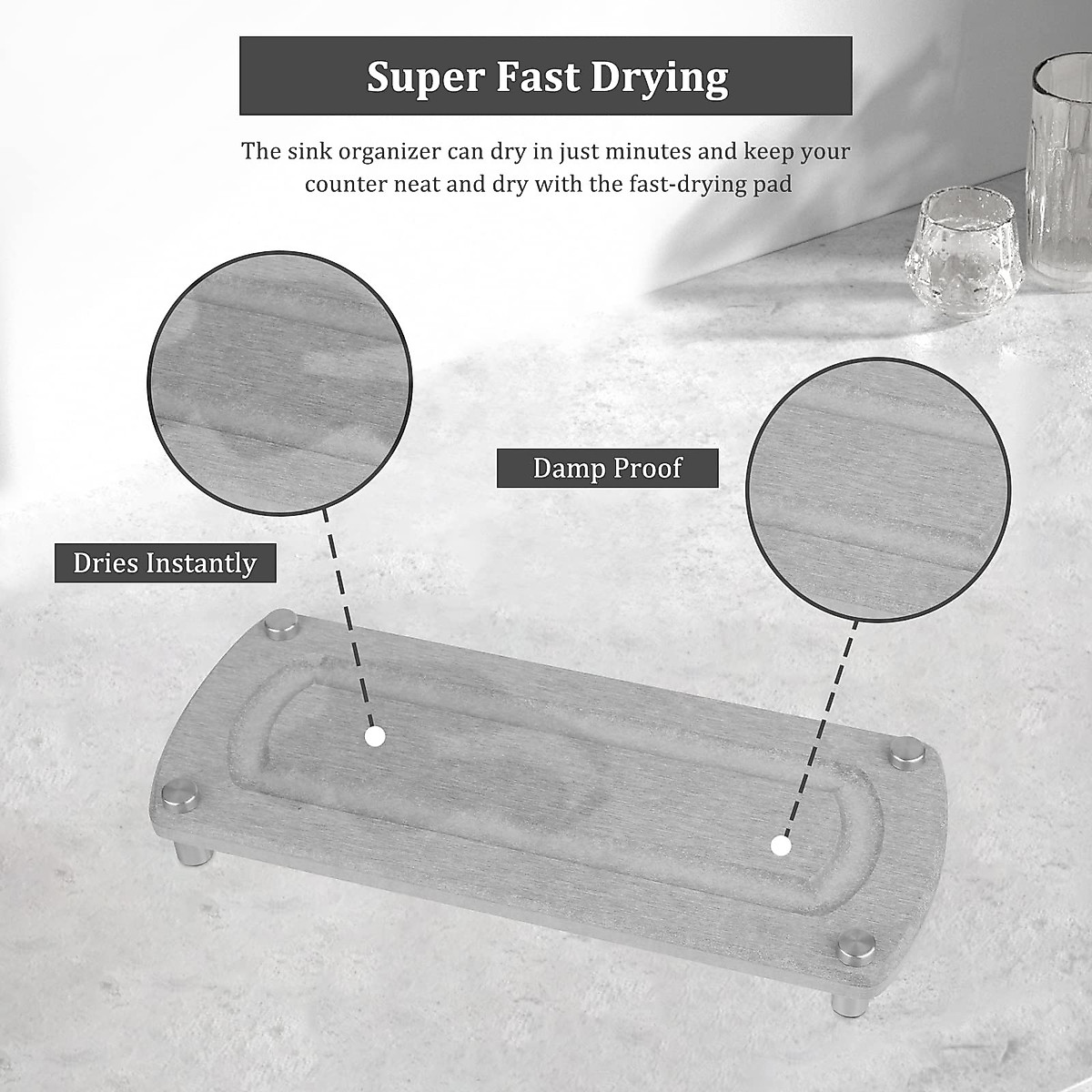 Pohido Quick Dry Sink Caddy Set with Water-Absorbing Stone Tray - Ideal Organizer for Kitchen and Bathroom Sinks, Effortless and Fast Drying Solution for Modern Home Countertops(Grey)