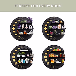 Myuilor Crescent Moon Shelf, Wooden Moon Shelf for Crystals, Stones & Essential Oils, Crystal Shelf Display Pine Floating Circle Shelf, Crystal Moon Shelves(Black)