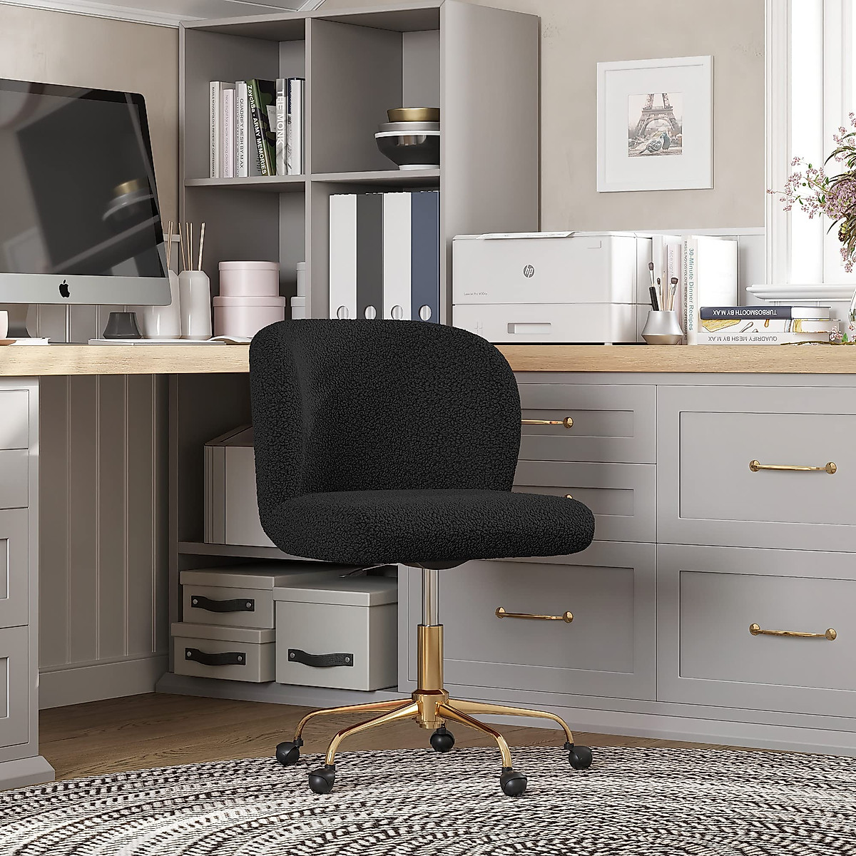 BELLEZE Modern Upholstered Boucle Desk Chair with Swivel Wheels and Adjustable Height, Decorative Rolling Office or Vanity, Stylish Comfy - Aston (Gold - Black)