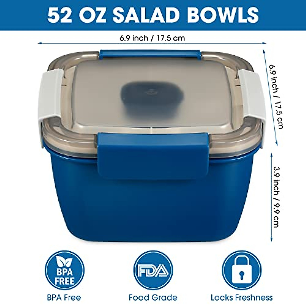 Hotop 4 Pack Salad Lunch Containers 52 oz Bowls with Compartments Tray and Dressings Container Bento Box for Adults Food Fruit Snack, Leak Proof, pink, green and blue