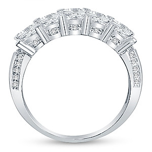 Size - 7 - Solid 14k White Gold 5mm Princess Cut Five Stone With Side Accents Anniversary Ring Wedding Band CZ Cubic Zirconia 2.0cttw.