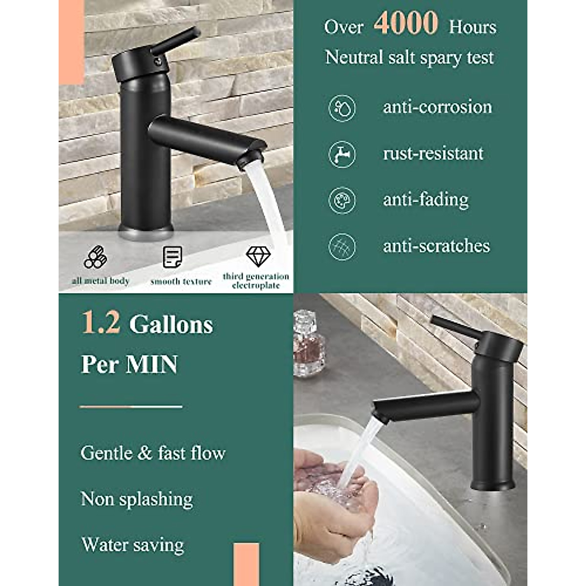 KUZOR Bathroom Faucets 1 or 3 Hole Single Handle Bathroom Sink Faucet Solid Brass Matte Black Bathroom Faucet with Optional Deck Plate 4 Inch Centerset Pop Up Drain and Water Supply Hoses Included