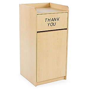 Displays2go Commercial Trash Container for 36 Gallon Bin, Drop Hole and Tray Holder, Thank You Message Engravement, Hinged Door - Maple (LCKDPZTRMP2)