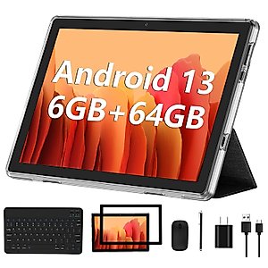 Android 13 Tablet 2023 New 10 Inch Tablets with 6GB RAM + 64GB ROM + 1TB Expanded Ouad-Core, 2 in 1 Tablet with Keyboard Mouse WiFi 6 Bluetooth, GMS Certified IPS Touch Screen Tablet - Black Set