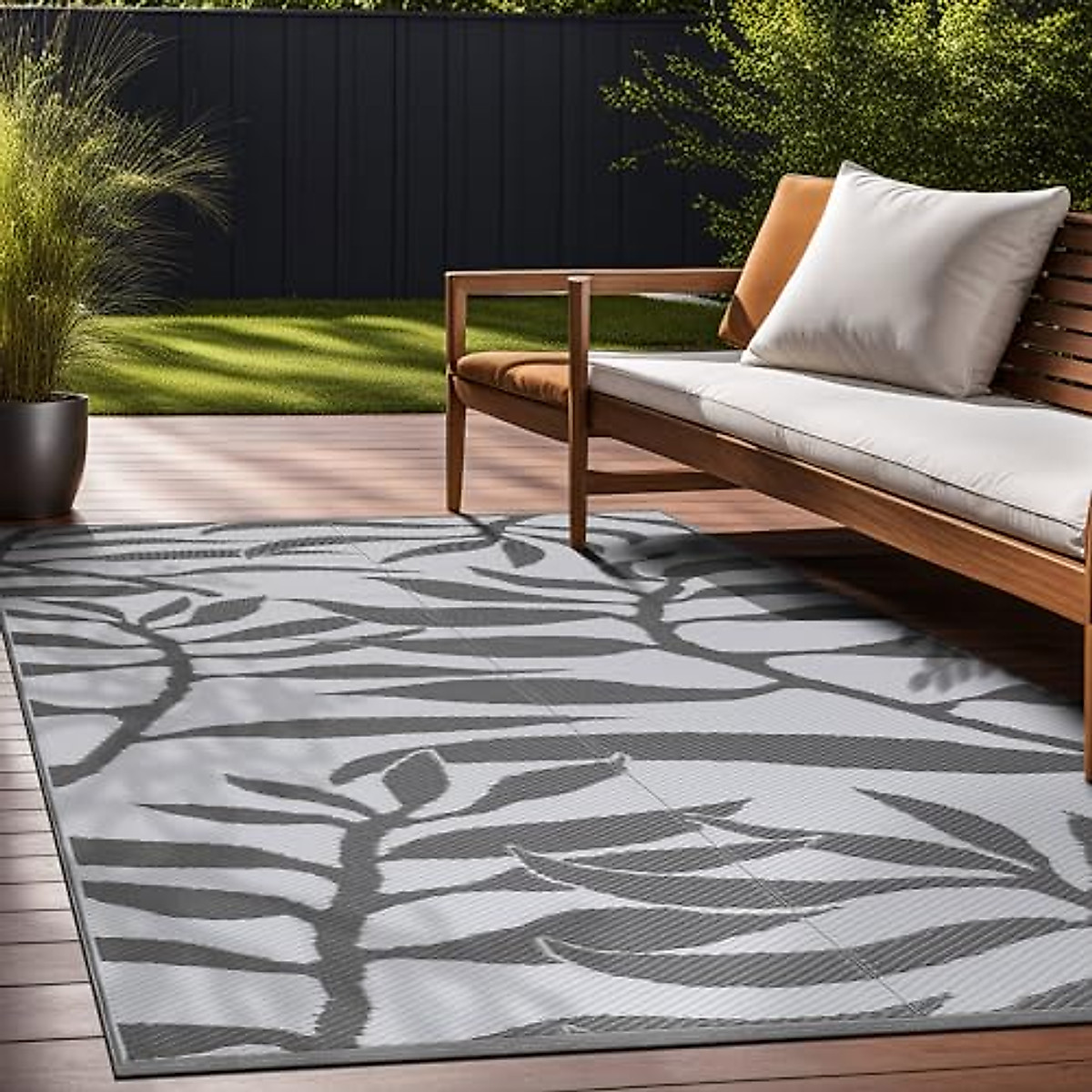 Beverly Rug Floral Leaf Outdoor Rugs 6x9 Waterproof Reversible Plastic Straw Rug Outdoor Carpet, Outside Mat for Patio, Camping, Picnic, Porch, Deck, RV, Beach, Pool, Grey and White