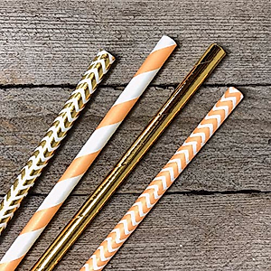 Coral Peach and Gold Foil and Paper Straws - Stripe Chevron - 7.75 Inches - Pack of 100