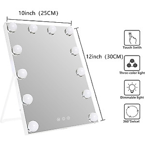 Despful 10"x 12" Vanity Mirror with Lights, Hollywood Lighted Makeup Mirror with 3 Color Modes and 12 Dimmable Diamond LED Light Bulbs, Touch Control for Bedroom, White