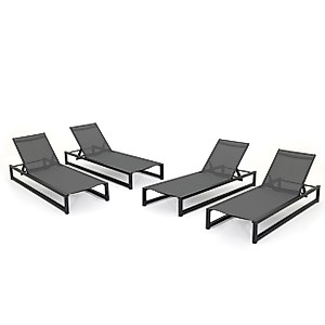 Christopher Knight Home Modesta Outdoor Finished Aluminum Framed Chaise Lounge with Grey Mesh Body (Set of 4), 77 "W x 26.5 "D x 10.5 "H, Black + Gray