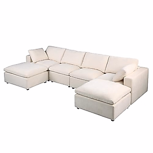 U-Shaped Oversized Chenille Upholstered Modular Sectional Sofa Modern Reversible Chaises Cloud Couch Convertible Living Room Sleeper Sofabed with Movable Ottomans for Home, Apartment
