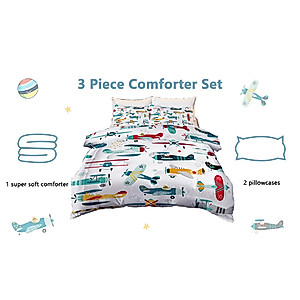 Yasida Kids Airplane Comforter Set Twin Size Colorful Cartoon Propeller Plane Bedding Set Kids Boys Bedding Sets Twin Teens Cartoon Airplanes Down Comforter Aviation Theme Duvet Bedroom Decor
