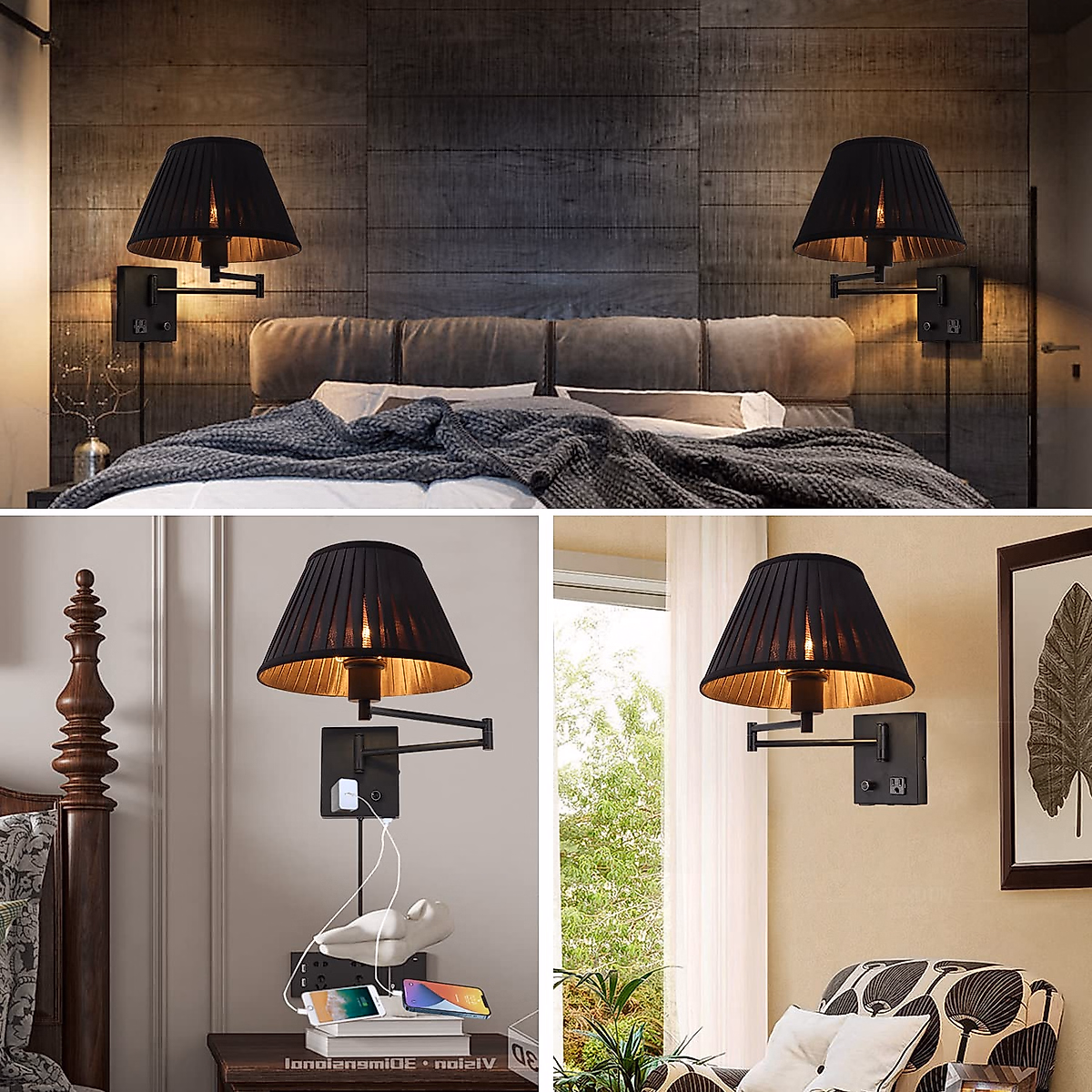 Plug in Wall Sconce 17"Swing Arm Wall Lamp with Plug in Cord and Dimmable Switch Black Sconces Wall Lighting with USB Port and AC Outlet Wall Mounted Lamp Suitable for Bedroom Living Room hallway.