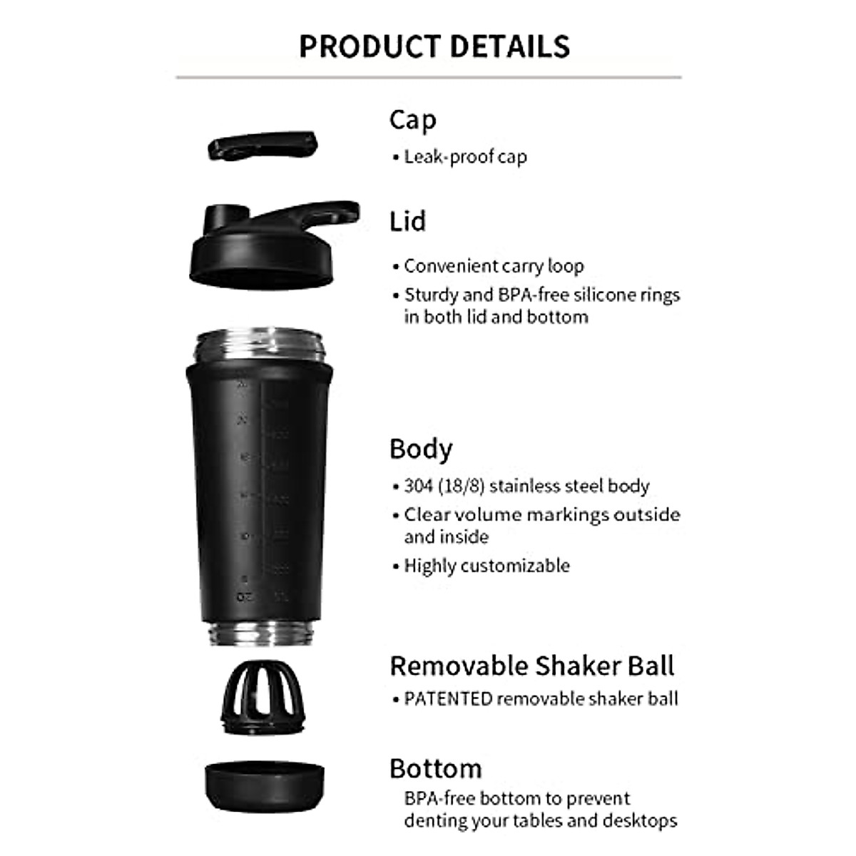 ComfyoneCHP Detachable Bottom Stainless Steel Water Bottle Cup Protein Mixing Shaker Tumbler Removal Ball and Bottom Easy Clean Leak-Proof Blender Cup 28oz (800ml) for Gym (Navy Blue)